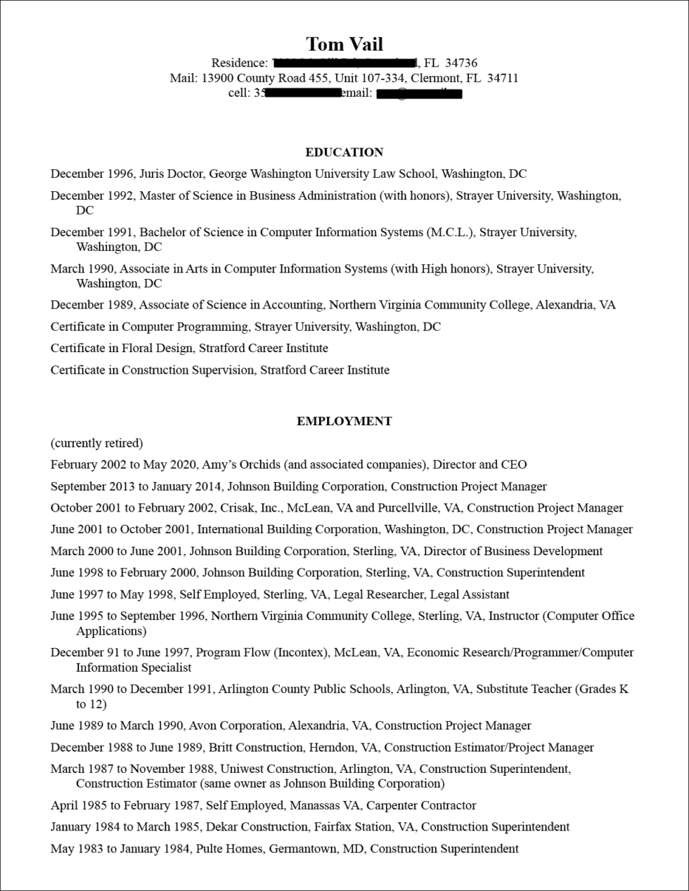 Resume | Tom Vail Biographical Information